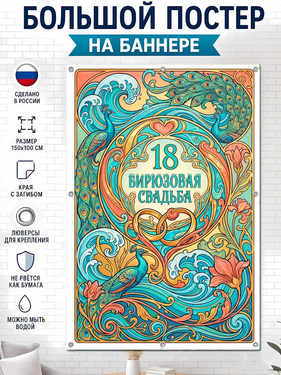 Большой плакат фотозона 18 лет бирюзовая свадьба баннер 1*1,5 м. с люверсами
