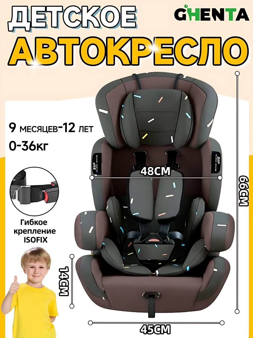 Детское автокресло 9 мес-12 лет 0-36 кг ISOFIX складное с боковой защитой, Лицом вперед