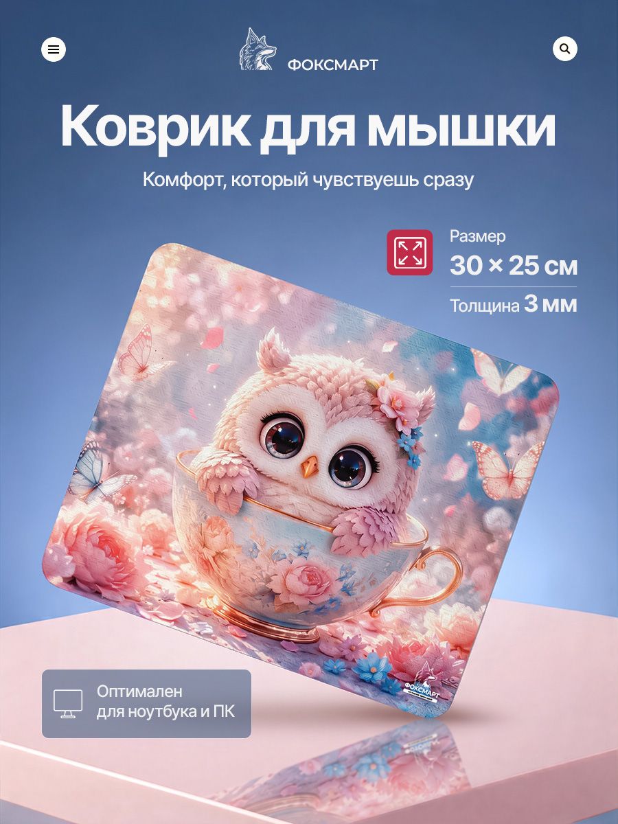 Коврик для мышки маленький 30*25 см для компьютера с рисунком "Сова в чашке", без оверлока