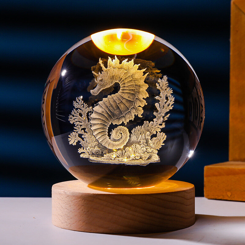 Креативный Новый Морской Конь 3D Кристальный Шар Ночник 8см Без Основания Настольный Декор