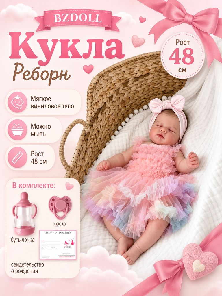 BZDOLL Кукла реборн 48 см, реалистичный мягкий винил, ручная 3D роспись кожи, детская игрушка
