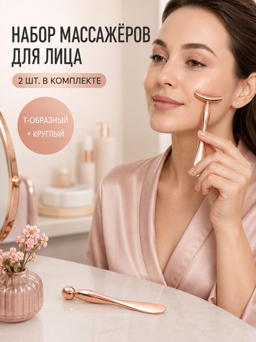 Массажёр для лица и глаз набор 2 шт, T-образный ролик для лица и шеи + круглый массажёр для зоны вокруг глаз, цинковый сплав розовое золото, лифтинг антиотёчный уход