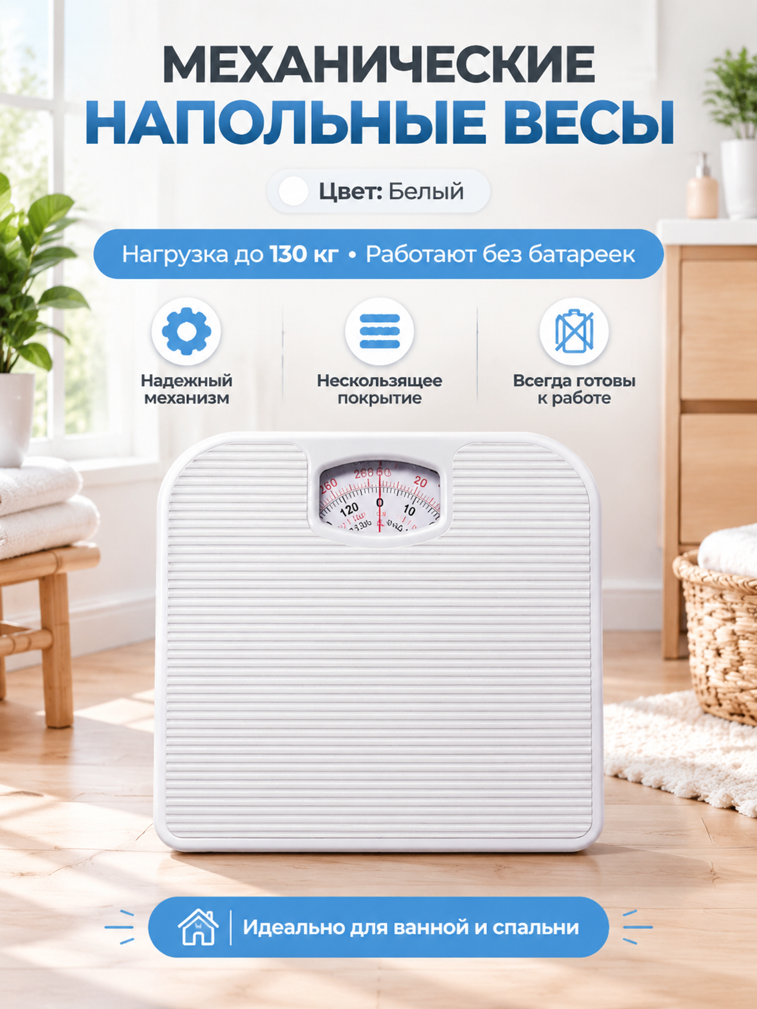 Механические напольные весы белые, нагрузка 130 кг, с PU покрытием и фиксацией веса, точность показаний 10 г