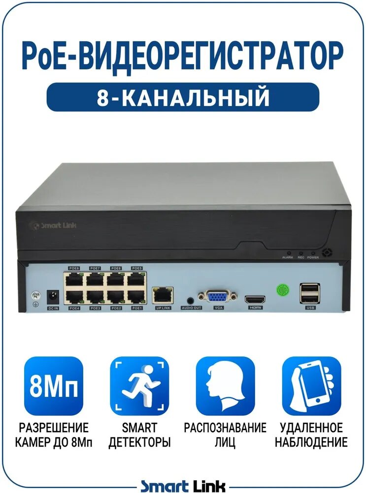 8-канальный IP-видеорегистратор Smart Link NVR-3608V-POE с записью на жесткий диск, с поддержкой камер до 8Мп, детектор лиц