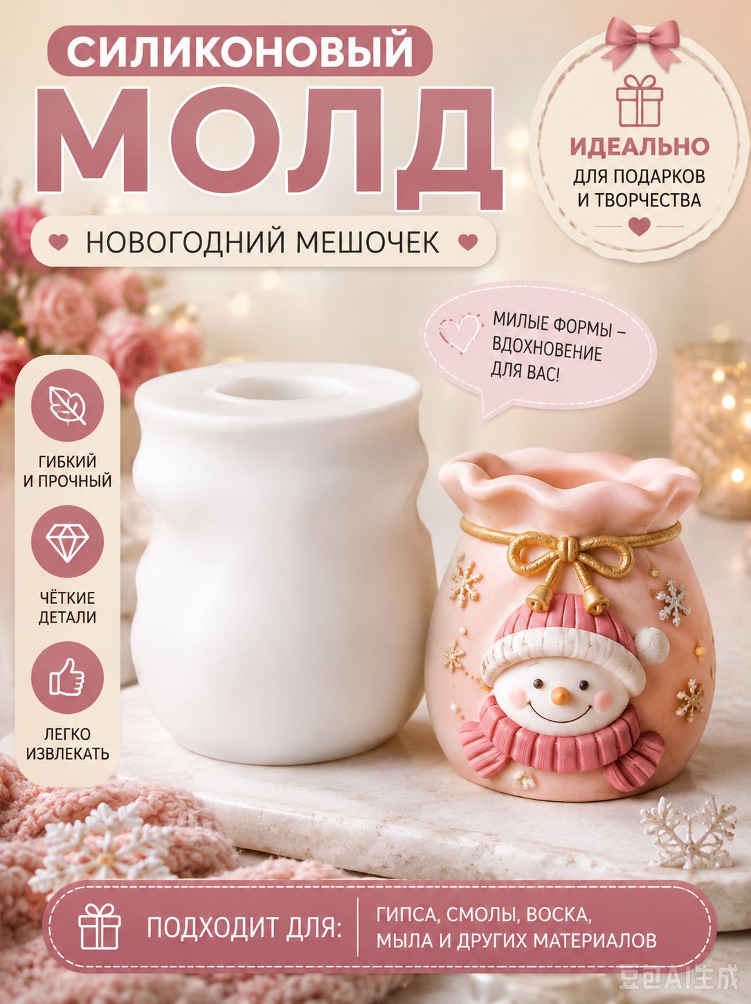 Силиконовые формы для изготовления свечей, гипса и декора своими руками, в виде рождественского мешочка с Дедом