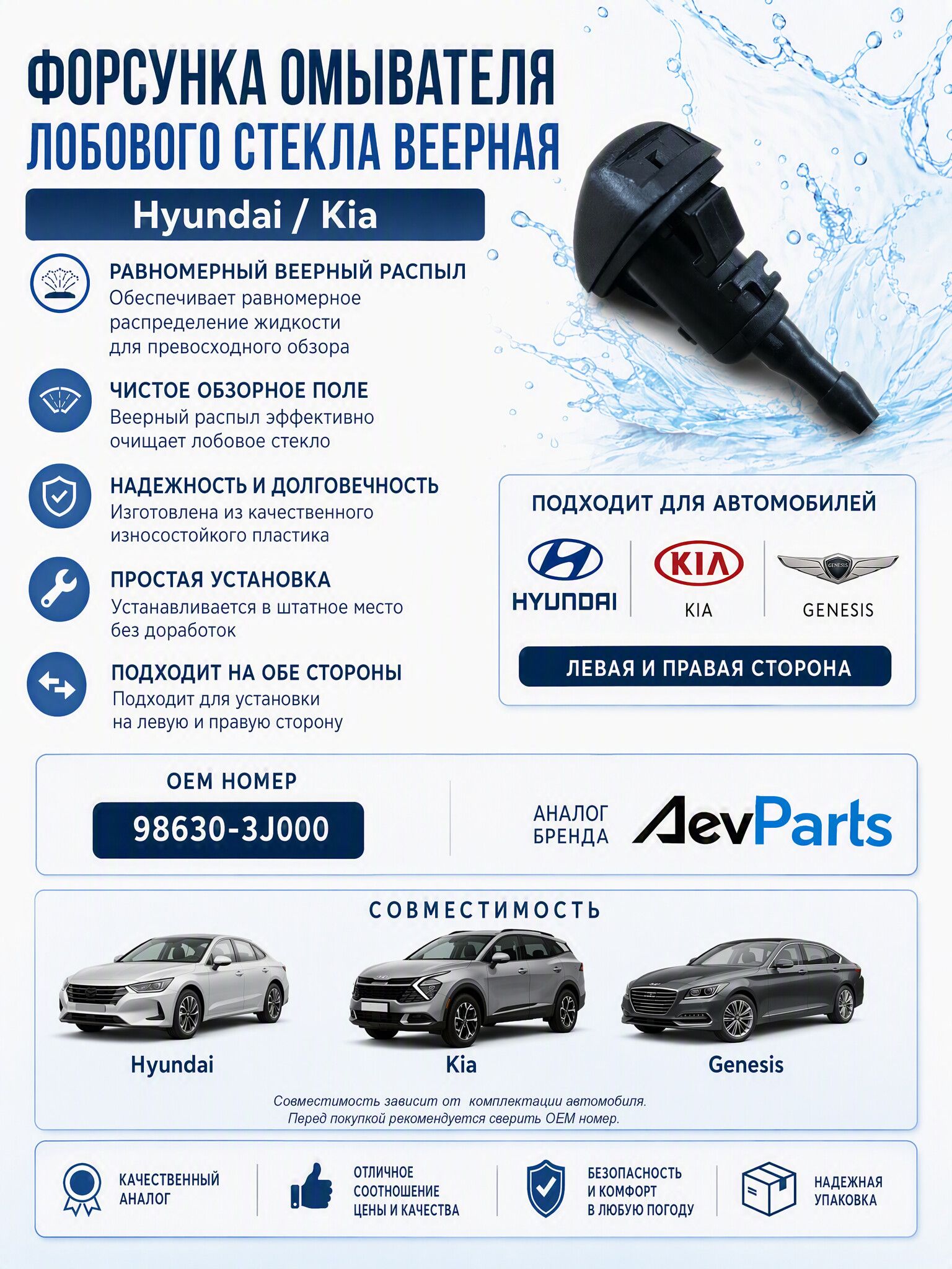Форсунка омывателя лобового стекла веерная Hyundai Kia 98630-3J000