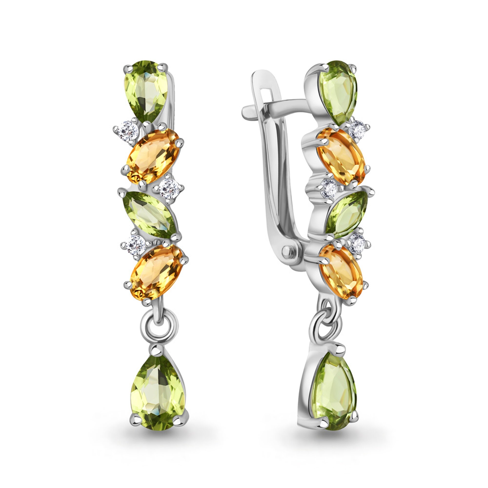 Серьги, серебро, 925 проба, родирование, цитрин, фианит, хризолит