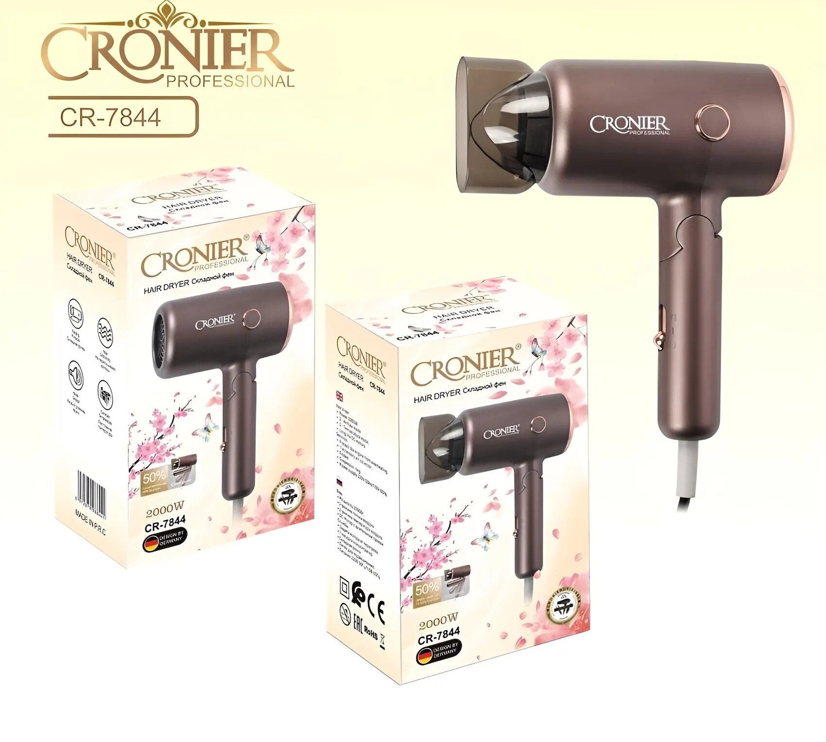 Фен для сушки волос CRONIER CR-7844, 2 режима, 2000 Вт, холодный и горячий воздух