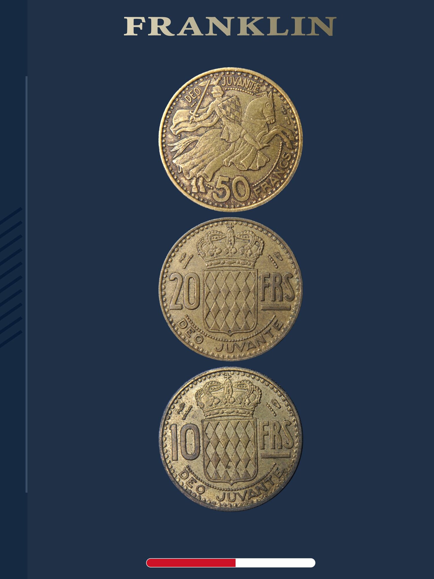 Набор монет Монако Ренье III (1950-1951) 50, 20, 10 франков . Монетный двор Парижа