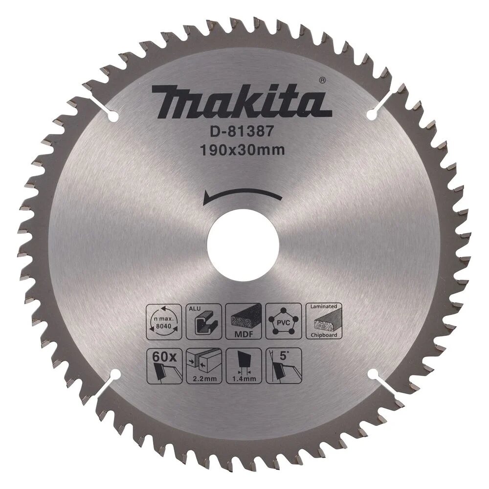 Пильный диск универсальный Makita для алюминия/дерева/пластика, 190x30x2.2/1.4x60T D-81387