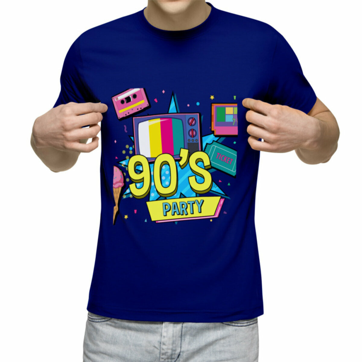 Мужская футболка «Вечеринка 90-х яркий взрыв!» (синий, 2XL)