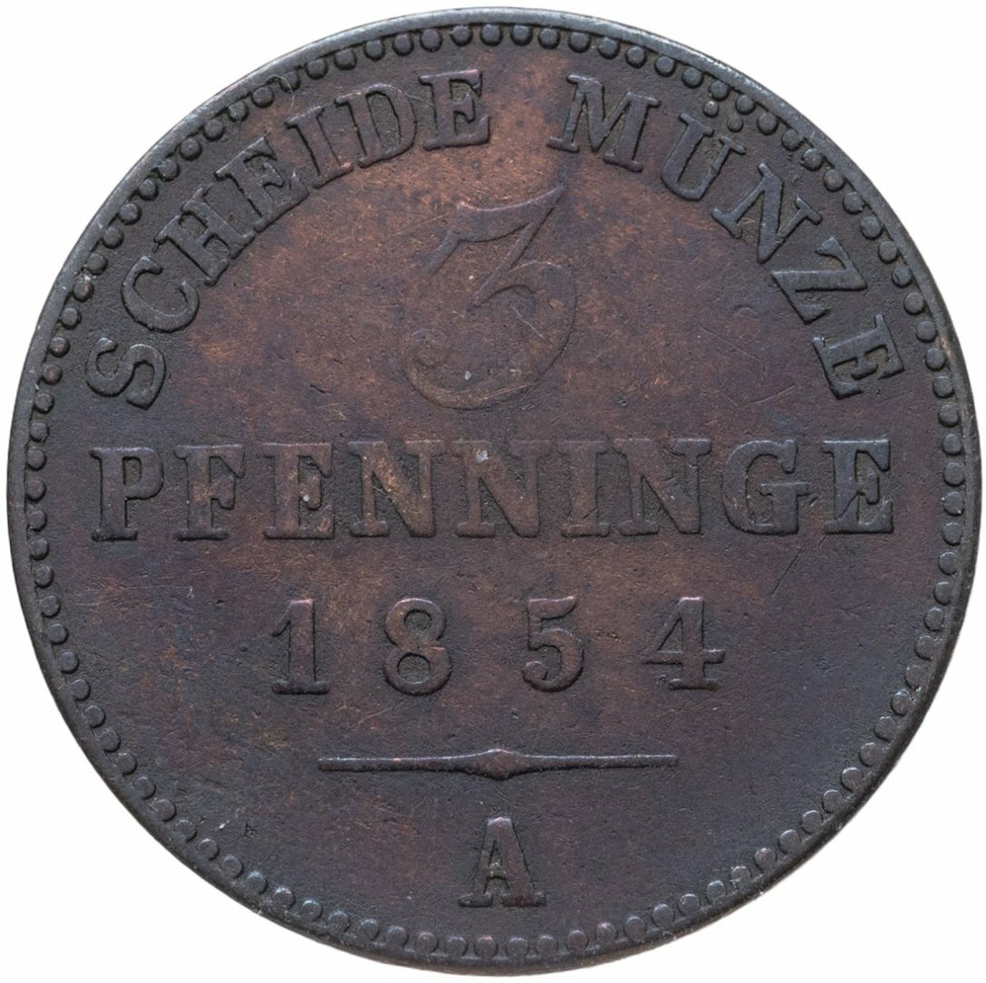 Германия, Пруссия 3 пфеннинга 1854 А, Медь, в сохранности F
