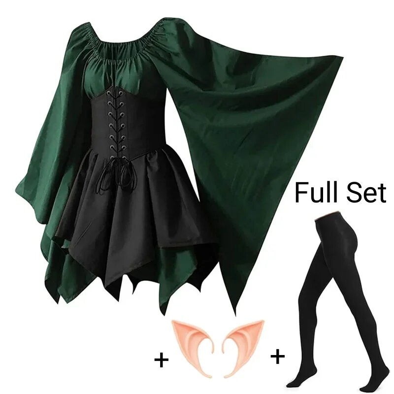 Женское средневековое платье из полиэстера Renaissance Темно-зеленый, М, Green and black set
