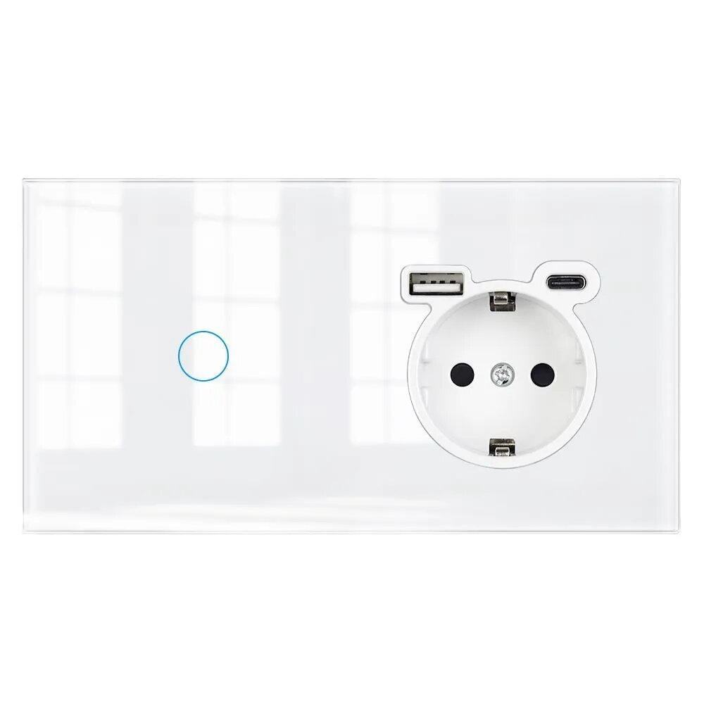Умный выключатель одноклавишный Wi-Fi с розетка с usb ,1клавиша ,2пост (1G+1F) стекло 153х82 мм , белый