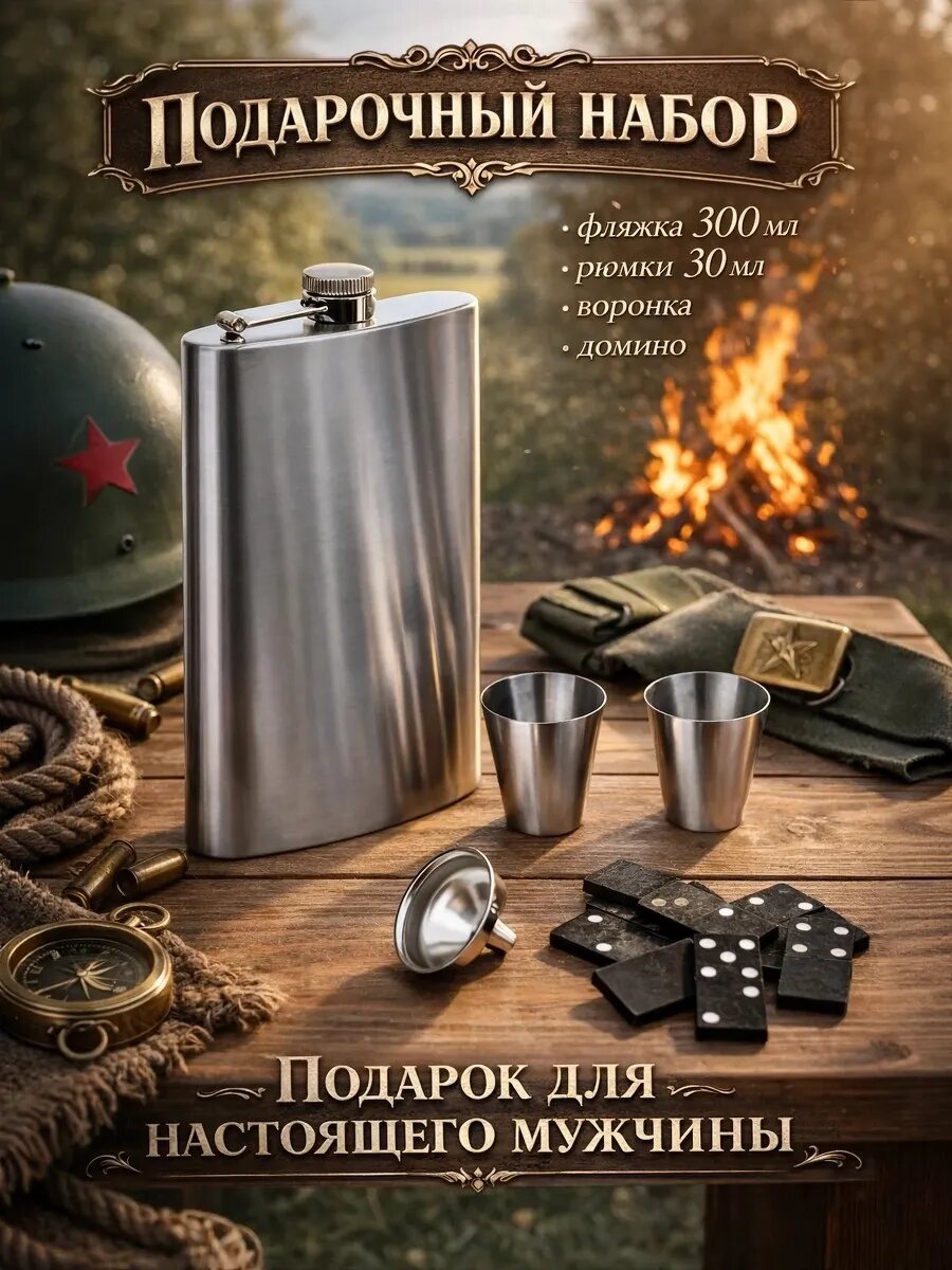 Подарочный набор 5 в 1, фляжка 300 мл, рюмки 30 мл, воронка 2.5×3.5 см, домино, металл, пластик