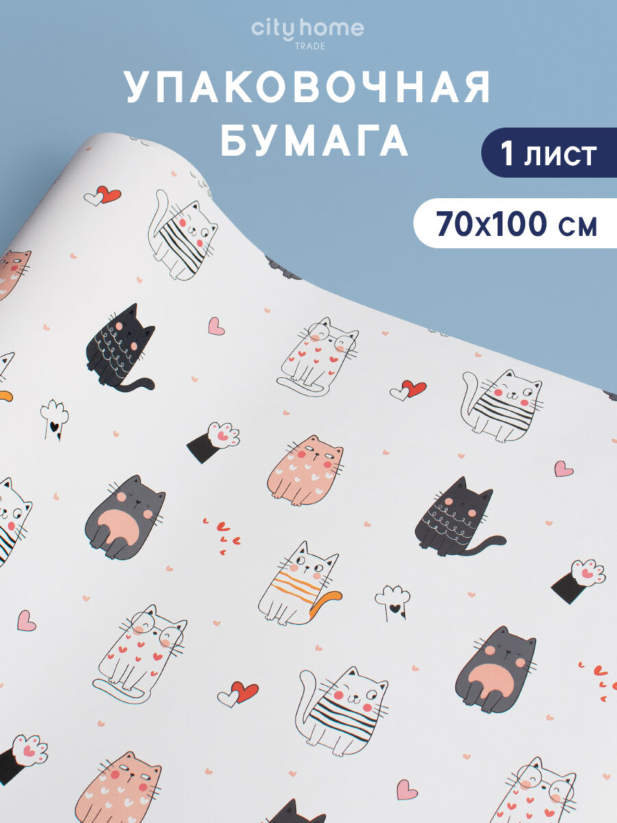 Упаковочная бумага белая для подарков "Коты" в тубусе 70х100 см