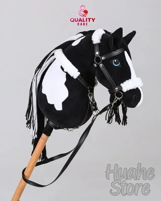 Хоббихорс лошадка 80 см черная с белым, плюш, деревянная палка, для игр и соревнований