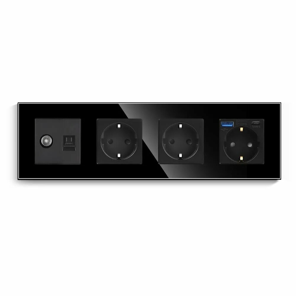 Pозетка на 4 столба с доступом в Интернет/ТВ, RJ45/TV, разъем USB A/TYPE-C, закаленное стекло, цвет Черный