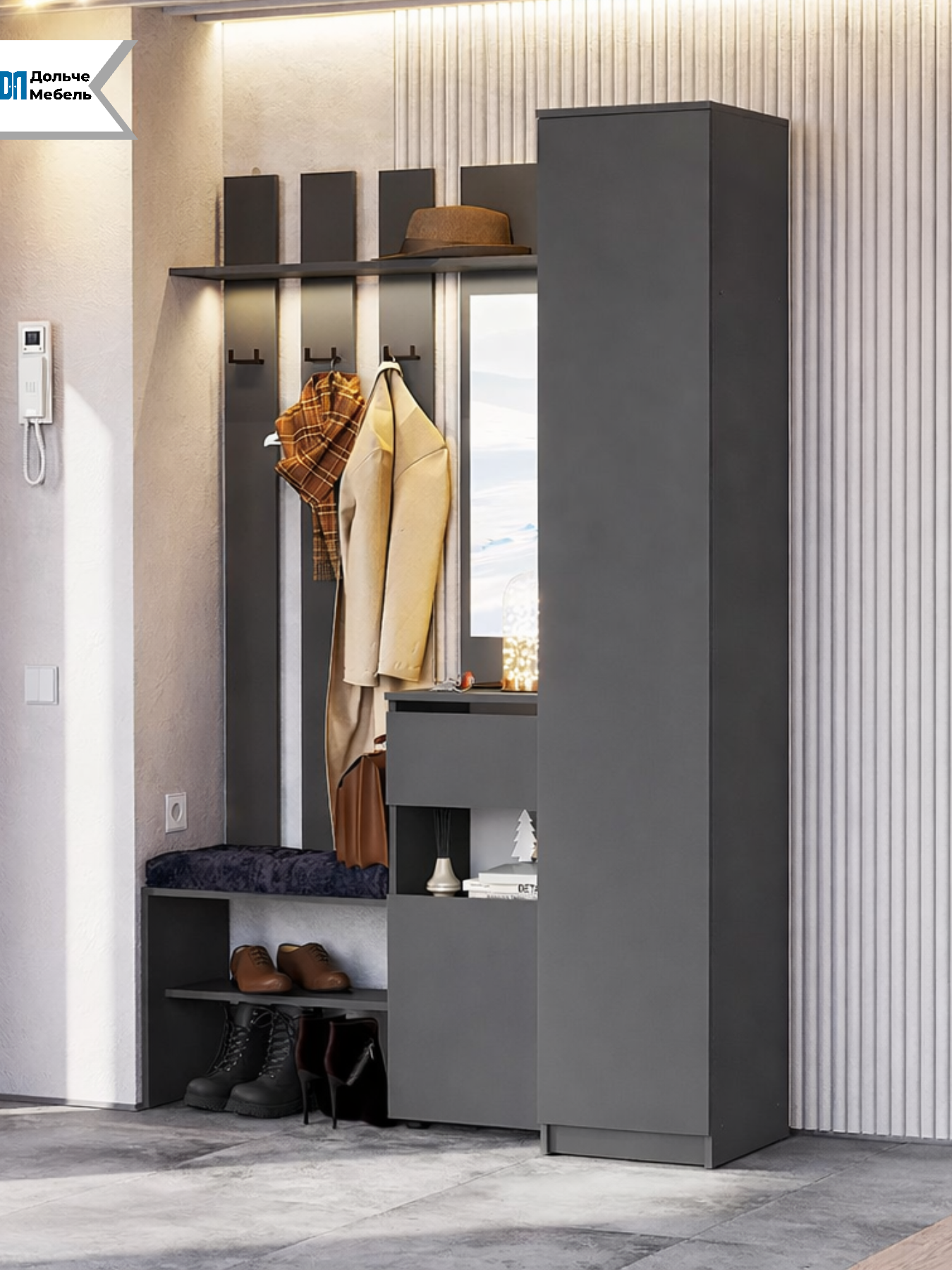 Прихожая Арника Денвер со шкафом-пеналом, 140 см, мебель в узкий коридор, вешалка с зеркалом и тумбой для обуви, графит