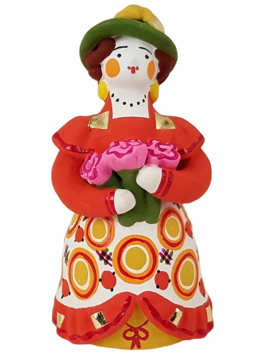 Барыня №1 с цветами(2), Дымковская глиняная игрушка, ручная авторская работа