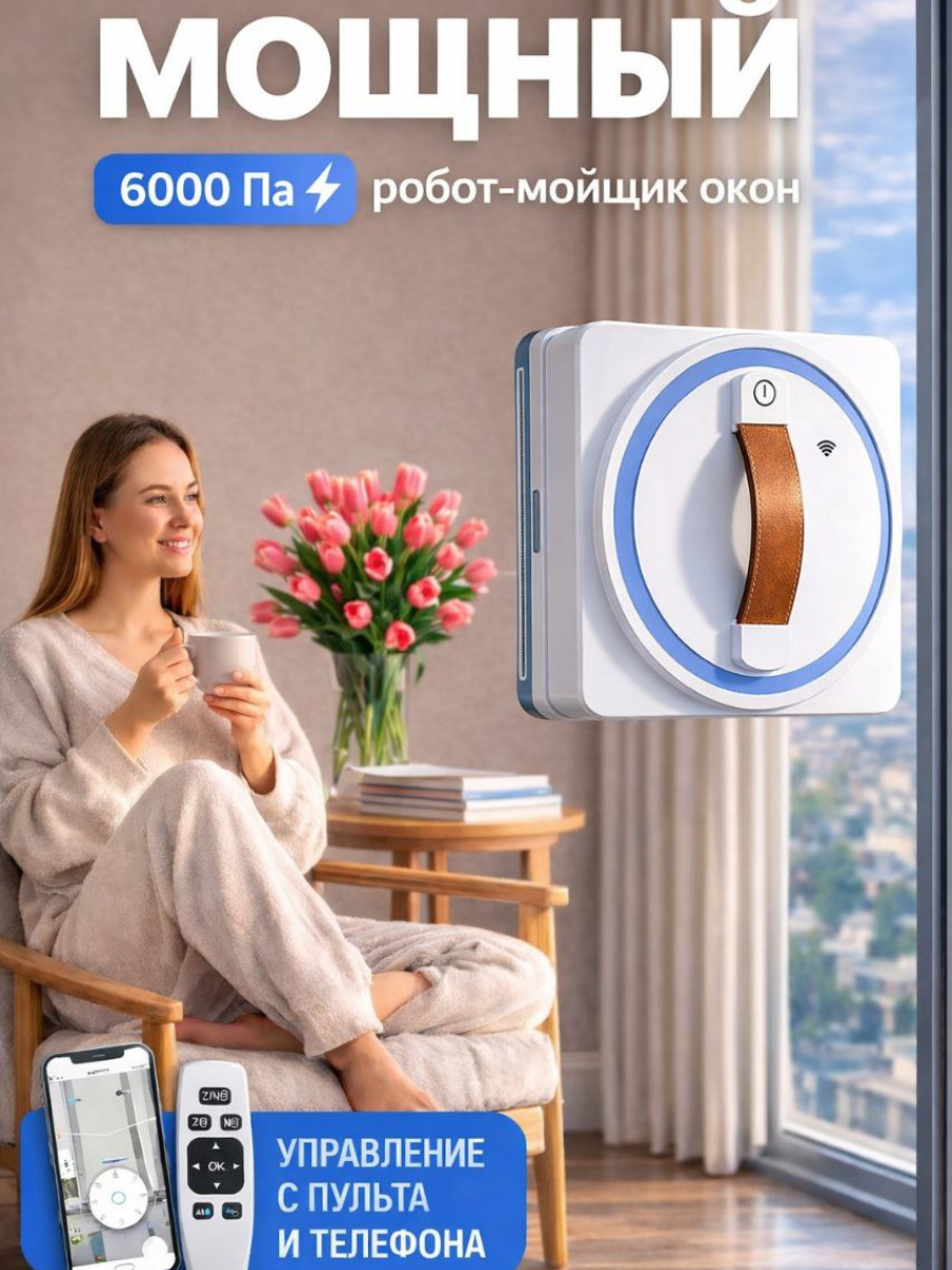 Робот мойщик окон с распылением воды, пультом ДУ и страховочным тросом, автоматический робот для мытья стекол, зеркал и плитки