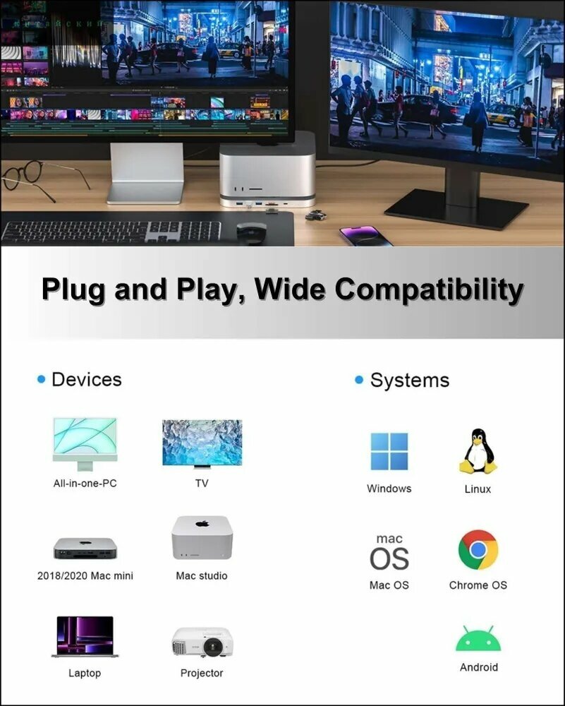 Док-станция Qwiizlab для Mac Studio Mini M2/M1/Intel, корпус с двумя дисками, подходит твердотельных накопителей M.2/5-дюймовых SATA, устройства чтения карт Type-C 10 Гбит/104 МБ/серебристый