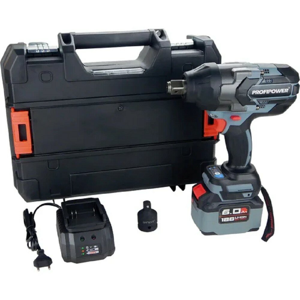 PROFIPOWER Аккумуляторный бесщеточный ударный гайковерт T-1200N 20В, Li-ion-1шт, 6.0Ач, 1200Нм, переходник 3 4"-1 2", З У, в кейсе E0244