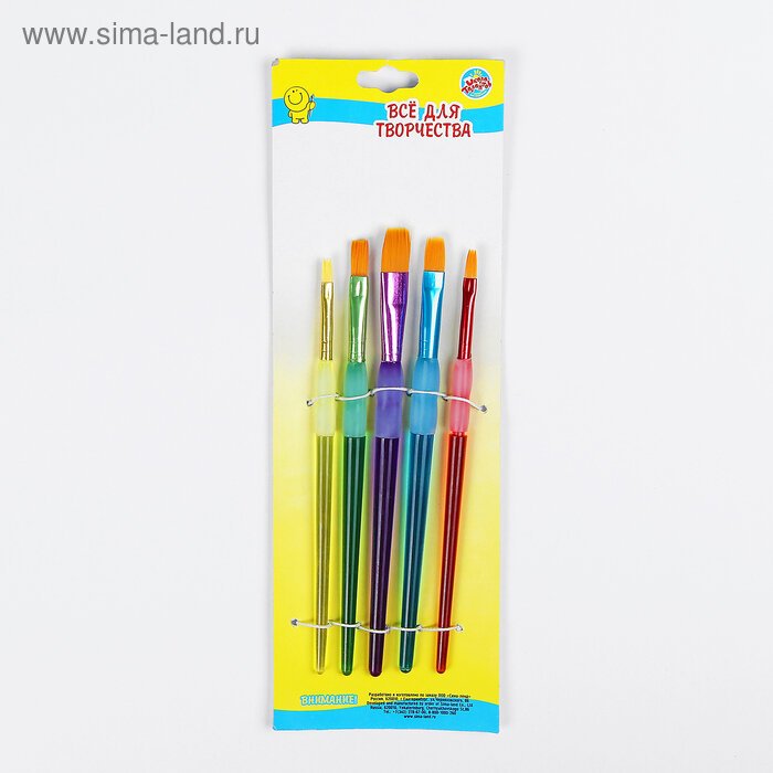 Набор кистей нейлон 5 штук, плоские, с цветными ручками, с резиновыми держателями