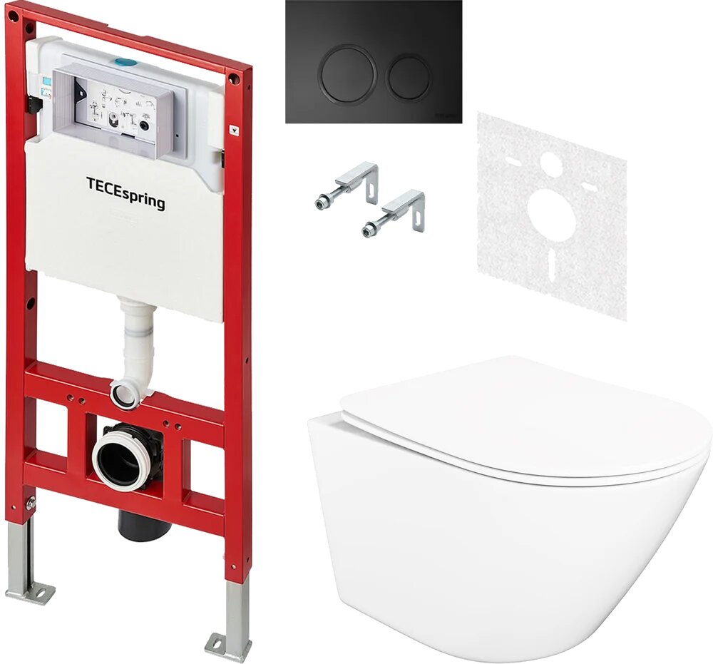 Комплект 5 в 1 Унитаз подвесной STWORKI Левангер S07401WH / Инсталляция с кнопкой TECE TECEspring S401104 / Крышка-сиденье, Комплект шумоизоляции