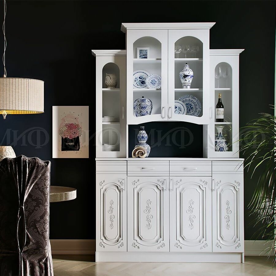Буфет для кухни Лиза 2, кухонный шкаф витрина для посуды напольный с фасадами МДФ, 140х43х225 см, Белый глянец/Белый