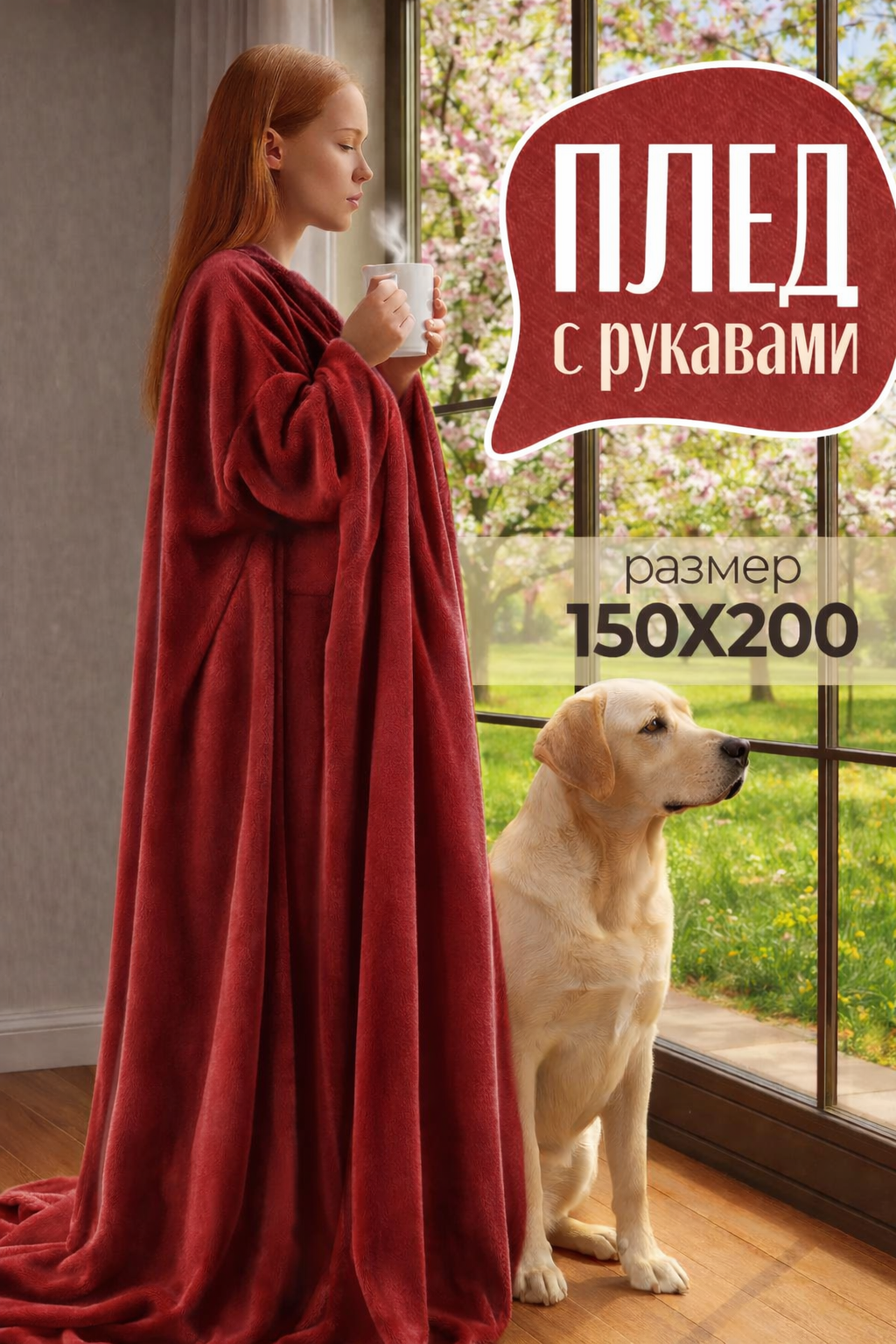 Плед с рукавами Totmart плюшевый, плед накидка, плед халат 150х200 см, бордовое