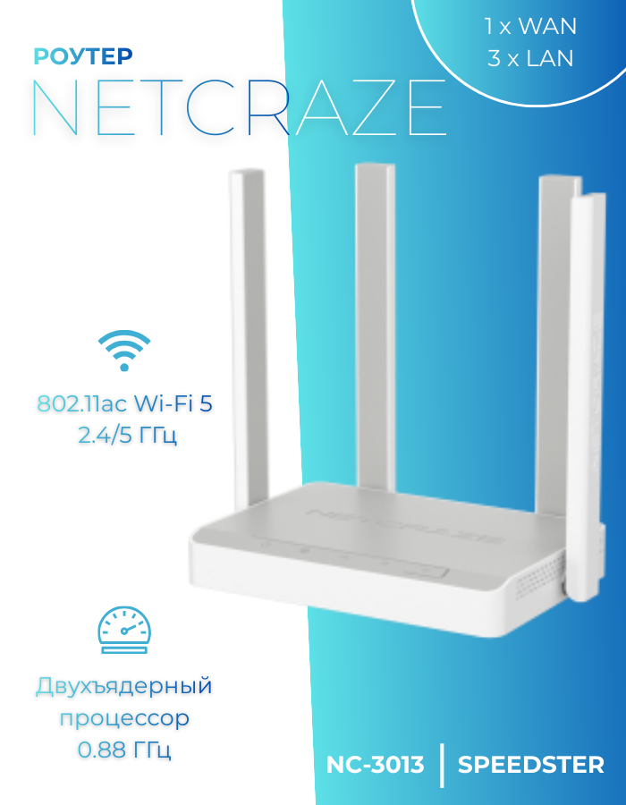 Роутер Netcraze NC-3013 Speedster, Wi-Fi, 3 LAN-порта, 4 антенны, белый