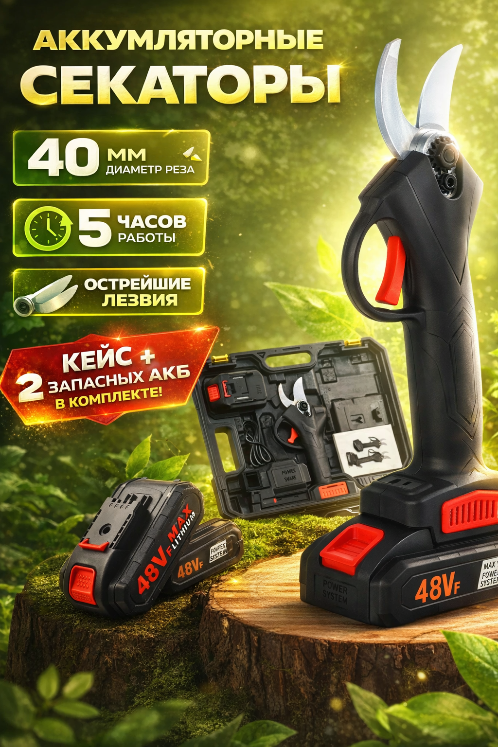 Аккумуляторный электрический секатор сучкорез садовый с 2 аккумуляторами в кейсе