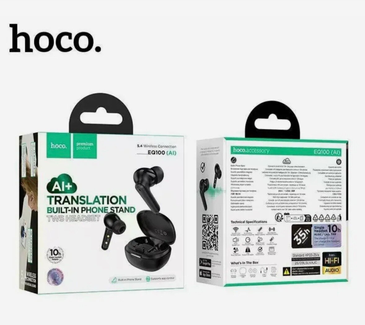 Наушники Hoco EQ100, беспроводные, с функцией перевода текста AL+, Bluetooth 5.4, черные