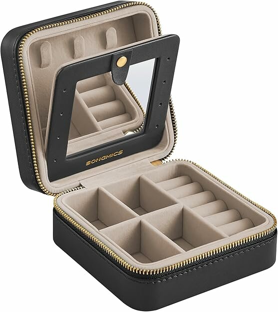 Шкатулка для украшений с зеркалом SONGMICS 11.4 x 11.4 x 5.5 см, черный - B0C8NN6121