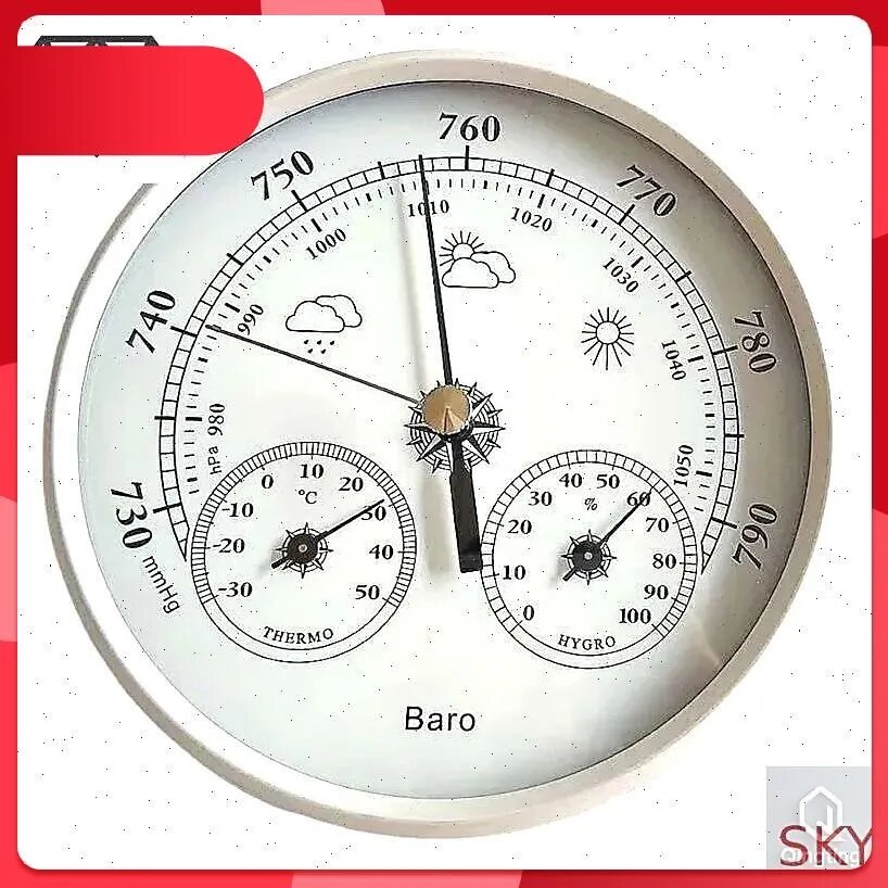 Механический настенный бытовой стрелочный барометр анероид с измерением температуры и влажности для рыбалки, охоты / Комнатная домашняя метеостанция с термометром и гигрометром и атмосферным давлением