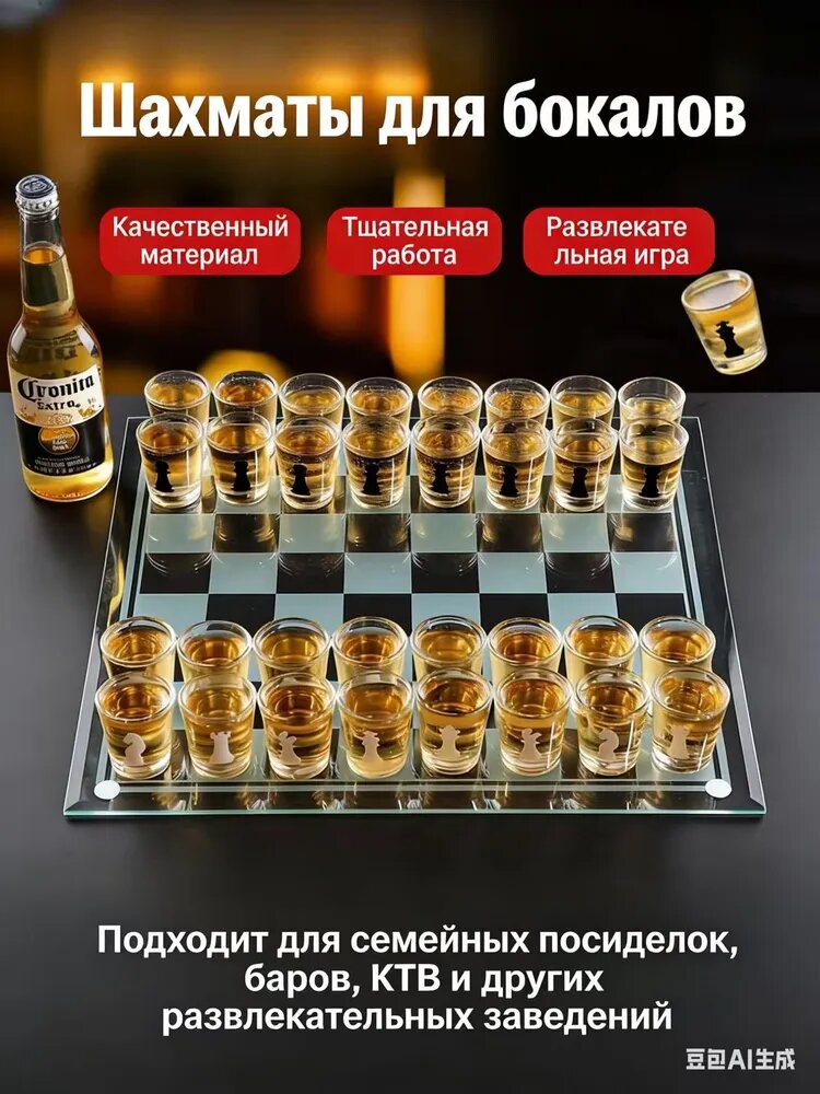 Настольная игра "Пьяные шахматы"/ Алкогольные шахматы со стопками, 32 рюмки, поле 25х25 см