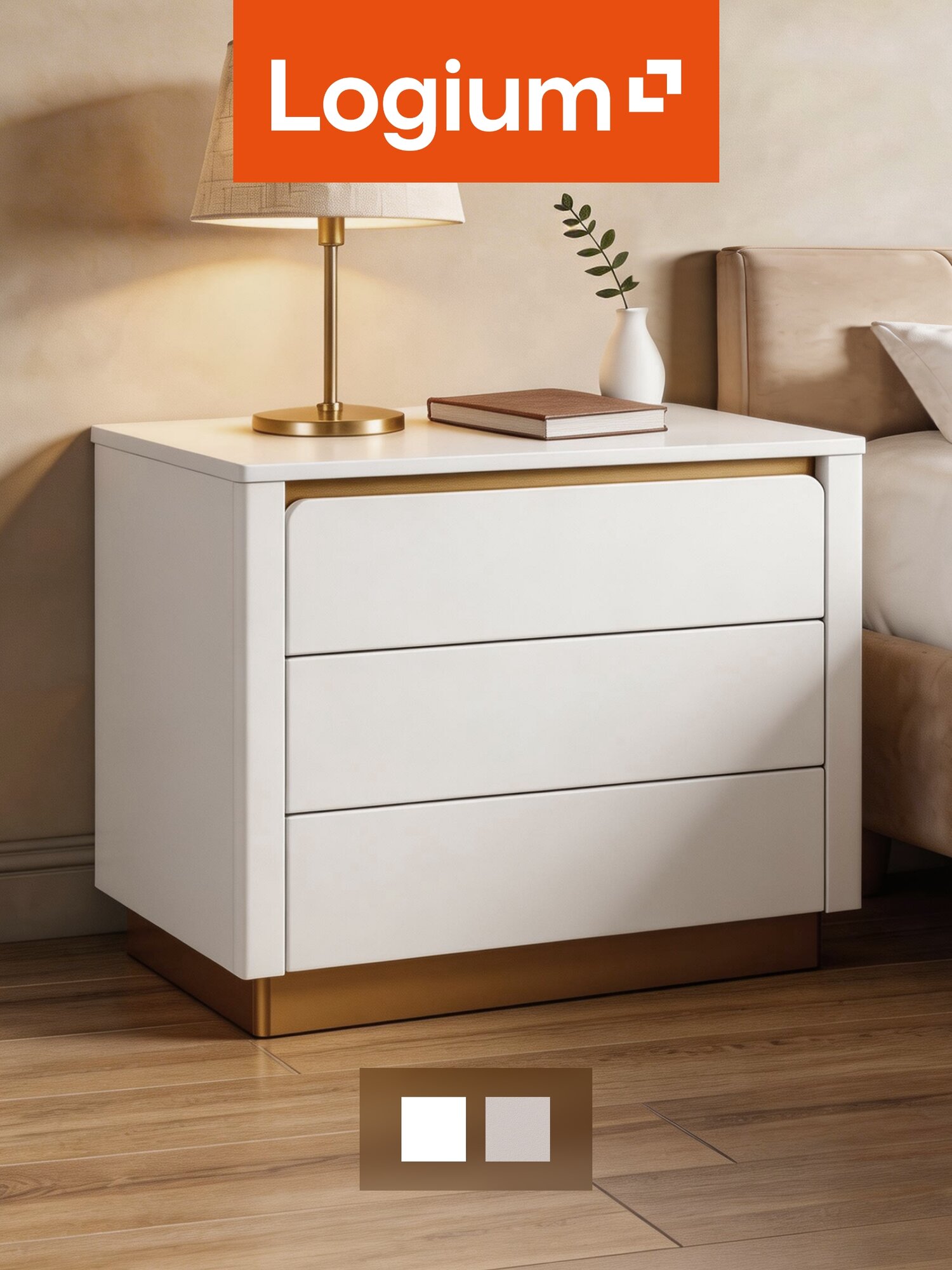 Комод с ящиками белый выдвижной 75 х 36,4 х 60,7 см Амби 16.257, Белый PE шагрень, Поталь золото, Logium, в спальню
