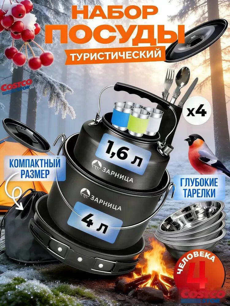 Туристический набор посуды для похода, пикника, костра на 4 персоны