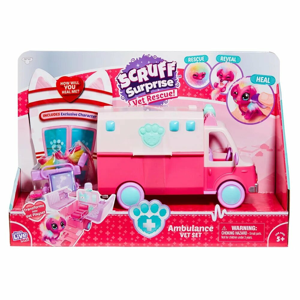 Little Live Pets Scruff Surprise Vet Rescue Ambulance Vet Set Scruff-a-Luvs Ветеринарный комплект скорой помощи с медицинской кроватью, Детские игрушки, подарки на день рождения для девочек