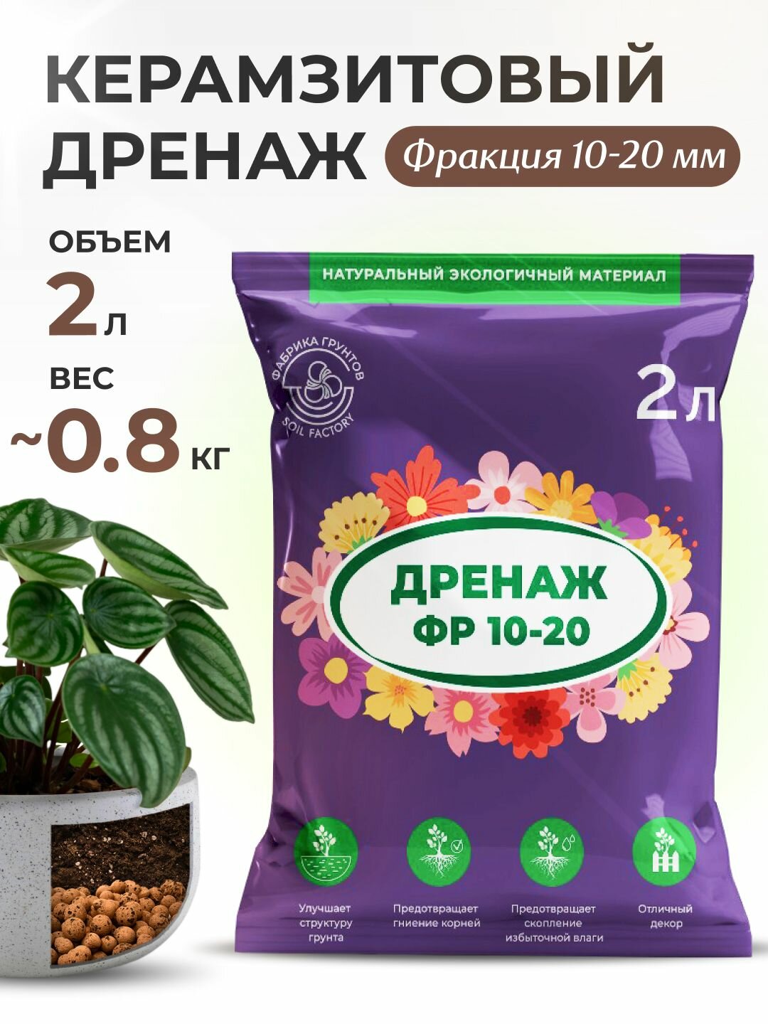 Керамзитовый дренаж для цветов промытый 2 л (фр. 10-20 мм) Защита корней Нейтральный pH Быстрый отвод воды Для комнатных растений