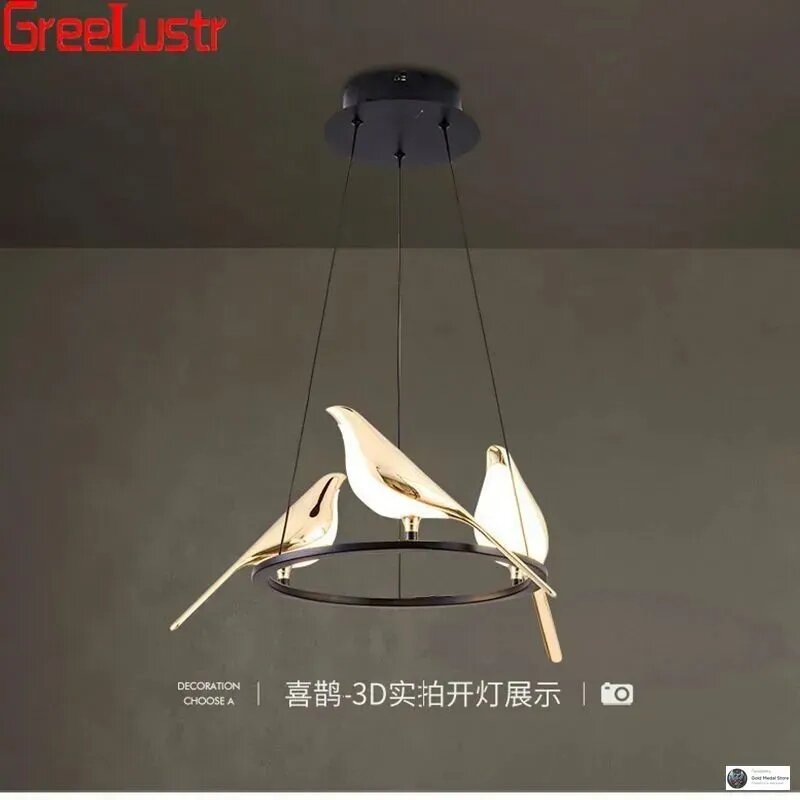 Люстра GreeLustr 33 Вт Светодиодная Подвесная Потолочная Золотая для Гостиной 3 птицы — фото 1