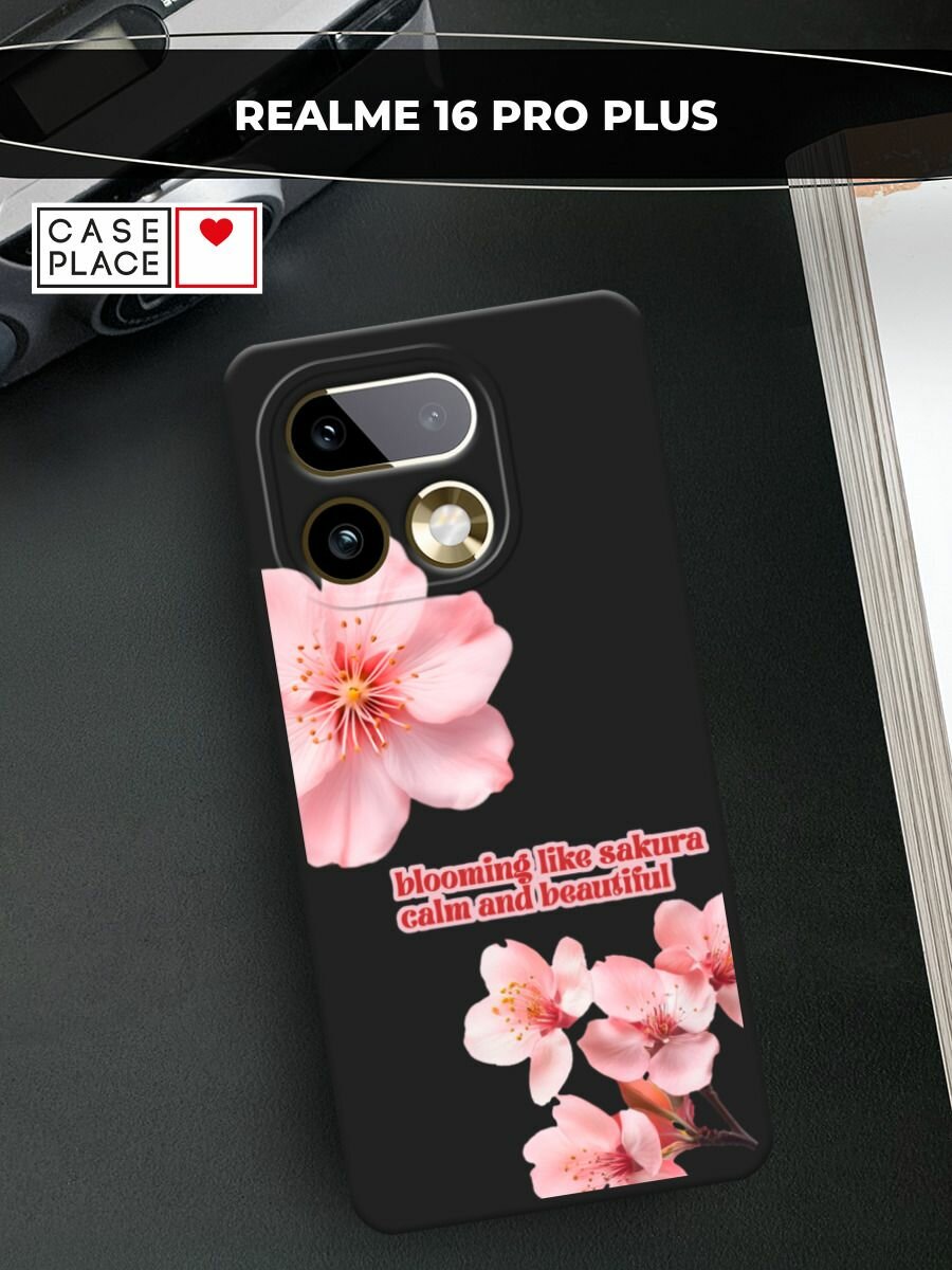 Черный матовый чехол на Realme 16 Pro+ / Реалме 16 Про+ с принтом Blooming like sakura