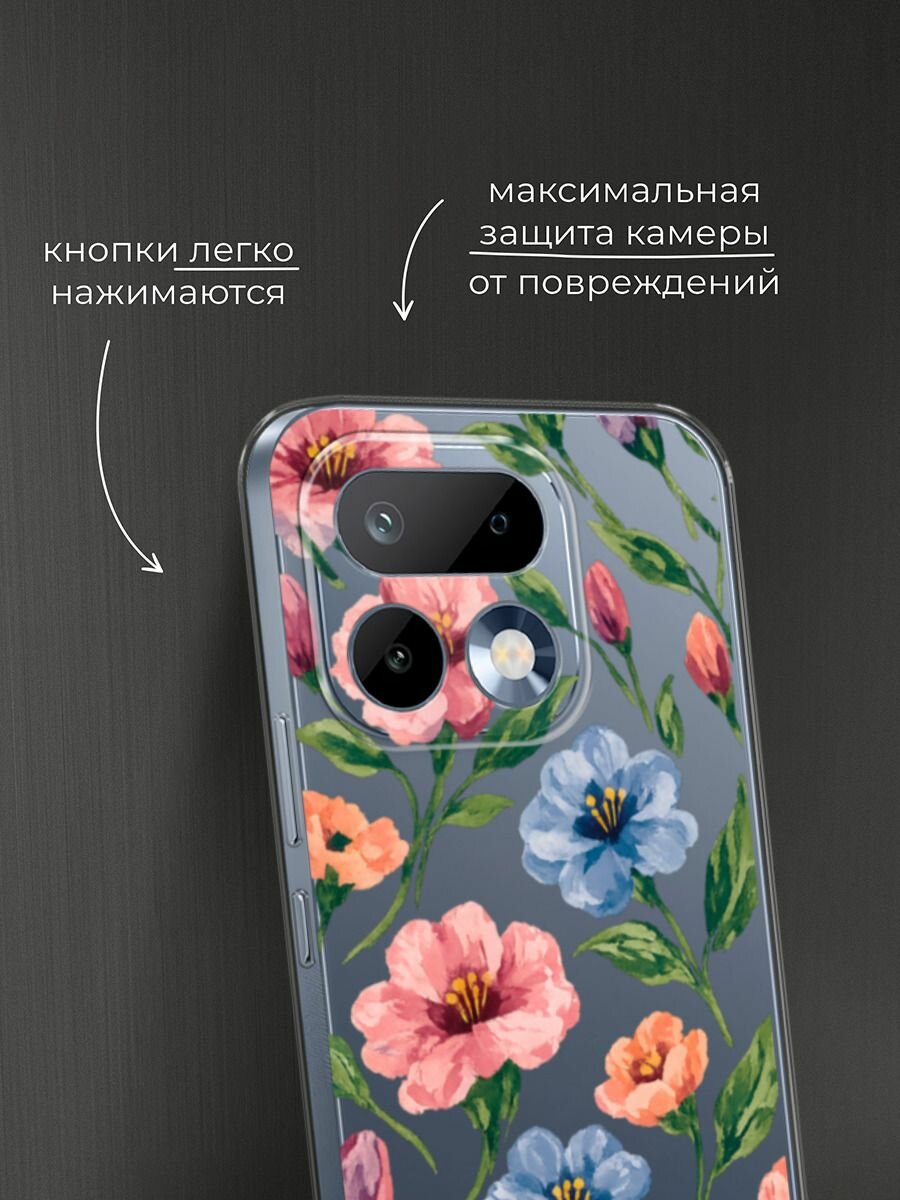 Чехол на Realme 16 Pro / Реалме 16 Про с принтом Акварельные цветы и бутоны, прозрачный — фото 1
