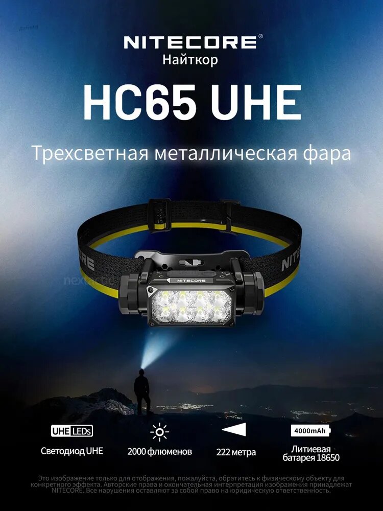 Налобный фонарь NITECORE HC65 UHE, 2000 люмен, 222 метра, с аккумулятором 18650, черный матовый