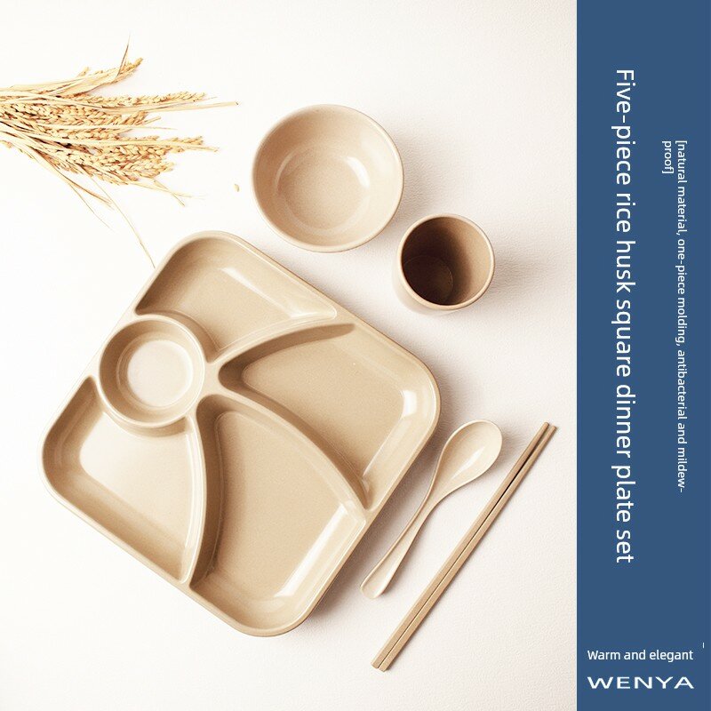 Светлобелый набор из пятиотсекательных квадратных глубоких тарелок с миской, чашкой, ложкой, палочками, безопасный для