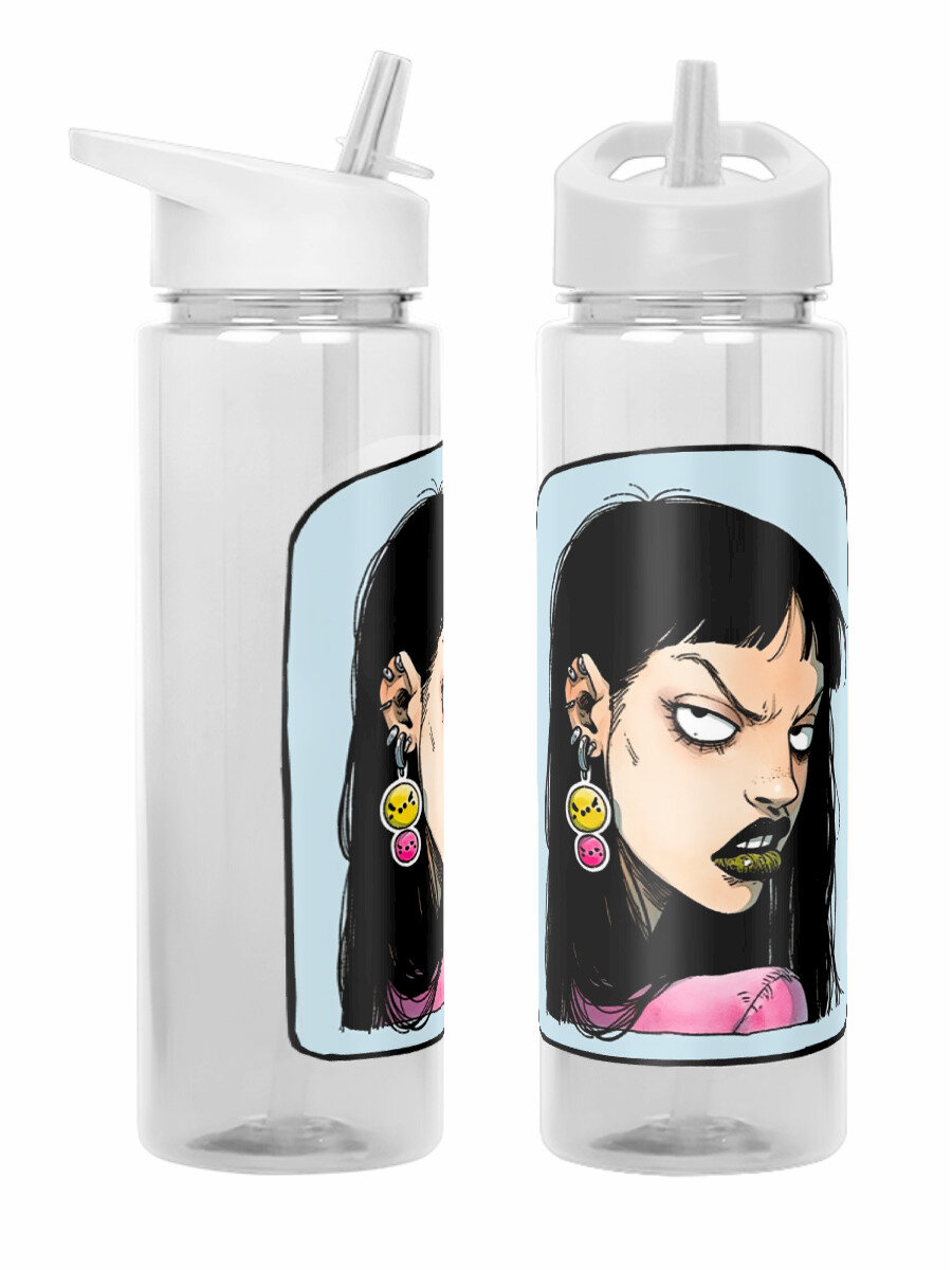 Бутылка белая для воды с принтом девушка из комикса с черными волосами