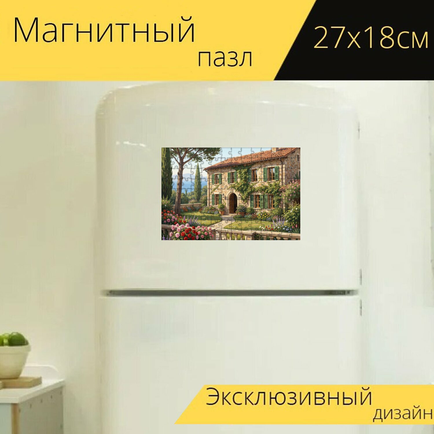 Магнитный пазл "Итальянский дом в цветущем саду. Солнечный загородный особняк в средиземноморском стиле с зелёными ставнями, каменной кладкой и." на холодильник 27 x 18 см.