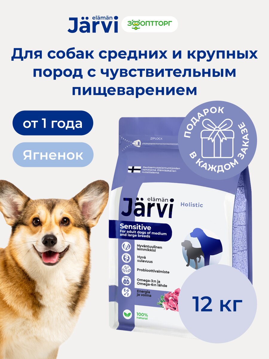 Сухой корм Jarvi полнорационный для взрослых собак средних и крупных пород с чувствительным пищеварением с ягненком, 12 кг