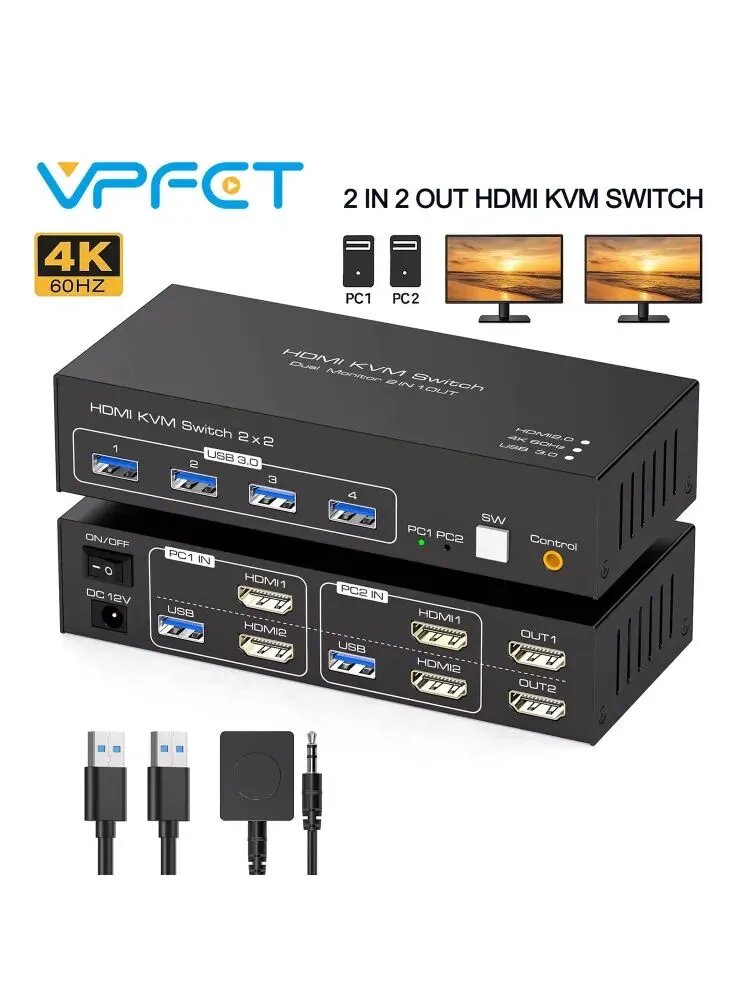 KVM переключатель VPFCT 2 в 2 из HDMI, USB 3.0, 4K 60 Гц, для 2 ПК на 2 мониторах, черный